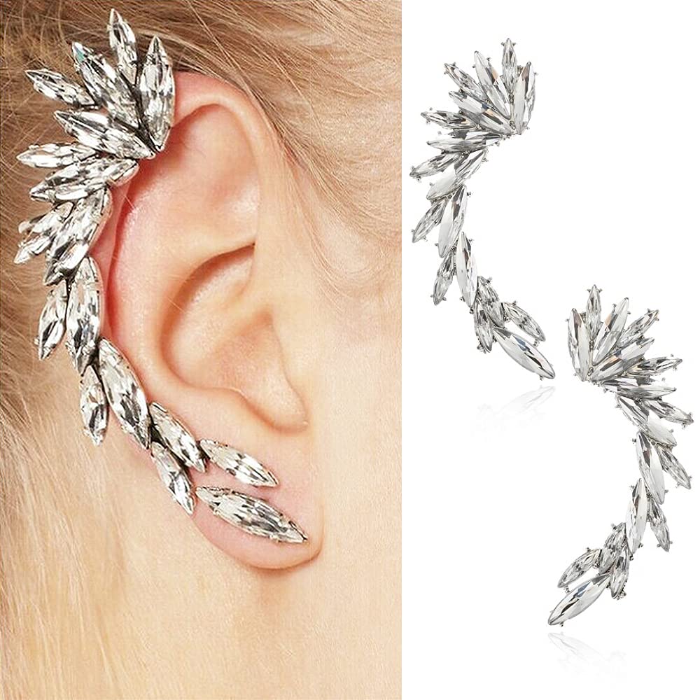 Crystal Leaf Climbers Crawler Jewelry Jacket Earrings Sparkly Zircon Pave Metal Ear Cuff Wrap Clip Stud Earring Climber Top Ear Clip for Women