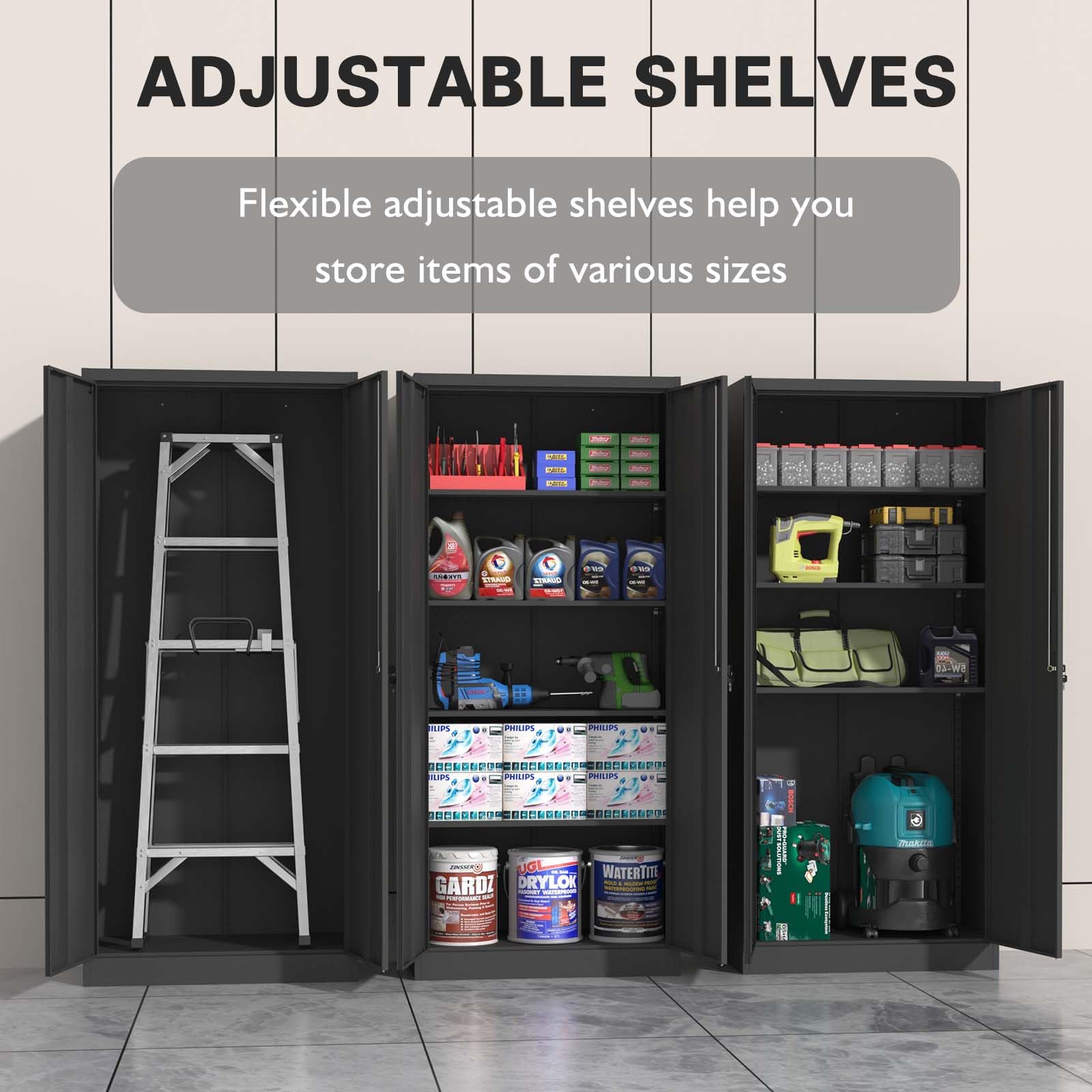 72" Metal Steel Heavy Duty Storage Cabinet with Locking Door, 4 Adjustable Shelves, Horizontally Adjustable Feet, Tool Cabinet for Garage, Home, Classroom/Office and Kitchen (Black)