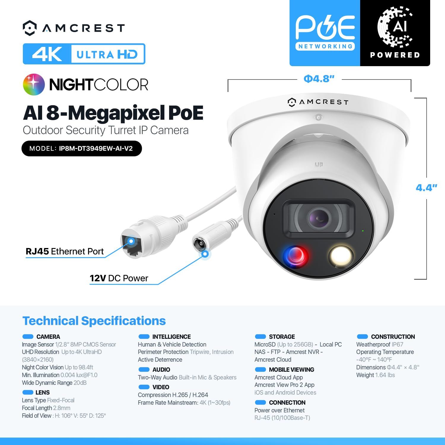 Amcrest UltraHD 4K (8MP) IP POE AI Camera, 4K @30fps, 98ft Night Color Vision F1.0, Security Outdoor Turret Camera, Vehicle & Human Detection, Active Deterrents, Built in Microphone, IP8M-DT3949EW-3AI
