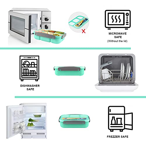 BentoMoment Bento Lunch Box, 4 Compartments Lunch Box Containers for Adults, 5 Cups Bento Box with Utensils& Fruit Fork, Cute Snack Lunch Box, Leakproof Microwave Safe Bento Boxes, Green