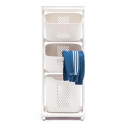 DNYSYSJ 3 Layer Storage Basket Movable Household Laundry Basket,Floor-Standing 360° Rolling Large Multi-layerClothes Organizer for Kitchen,living Room and Bathroom (3 Layer),White,16.92*12.99*42.91''