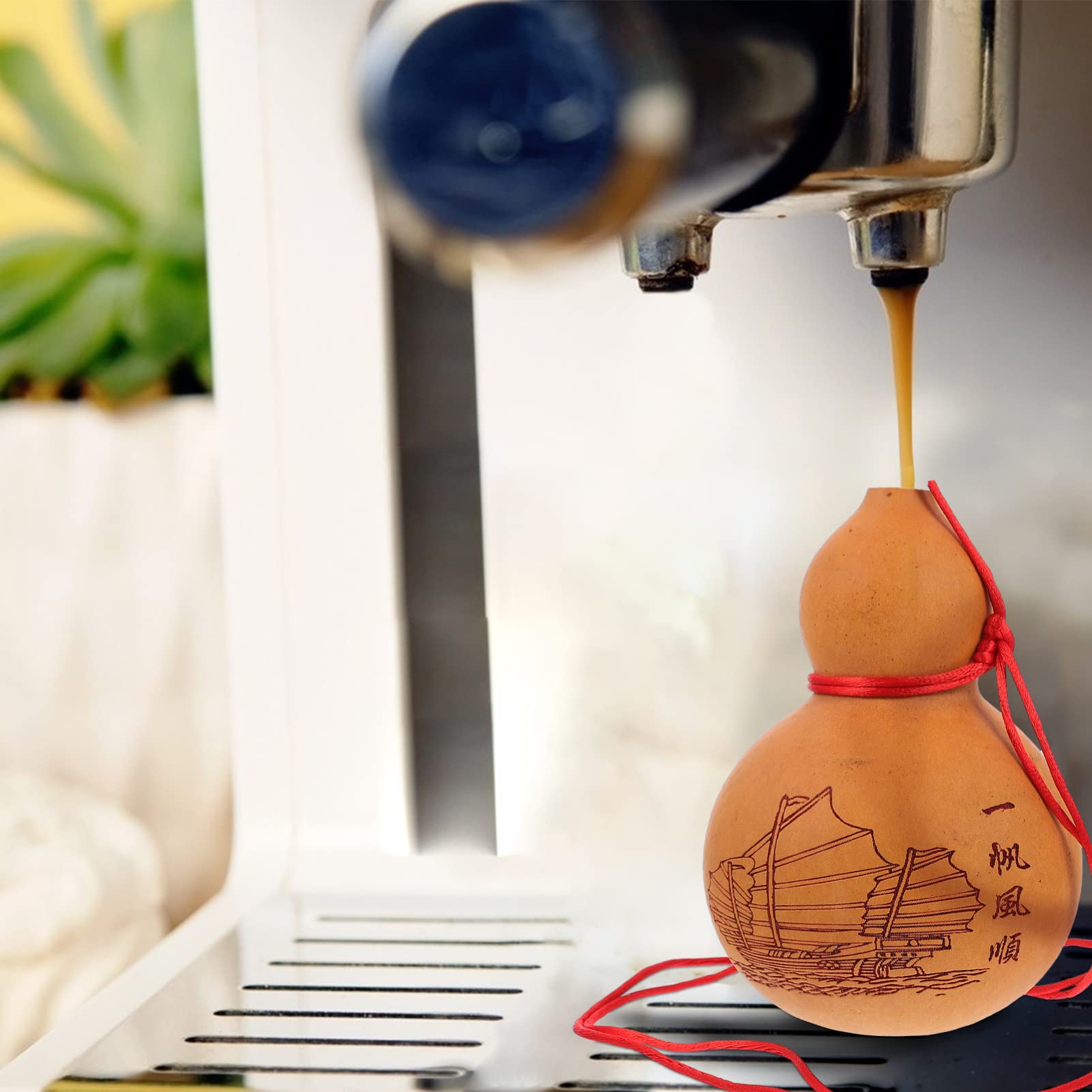 Angoily Gourd Wine Flask Bottle Chinese Wu Lou Wine Bottle with Stopper Wooden Chinese Feng Shui Hu Lu Gourd Ornament for Home Kitchen (Khaki)