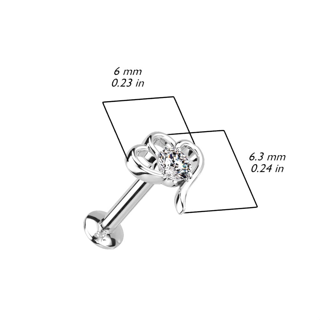 Amelia Fashion 16 GA Hollow Heart With CZ Center Threadless Push In Top 316L Surgical Steel Labret, Convex Back Stud (Choose Color) (L. 8mm - Clear)