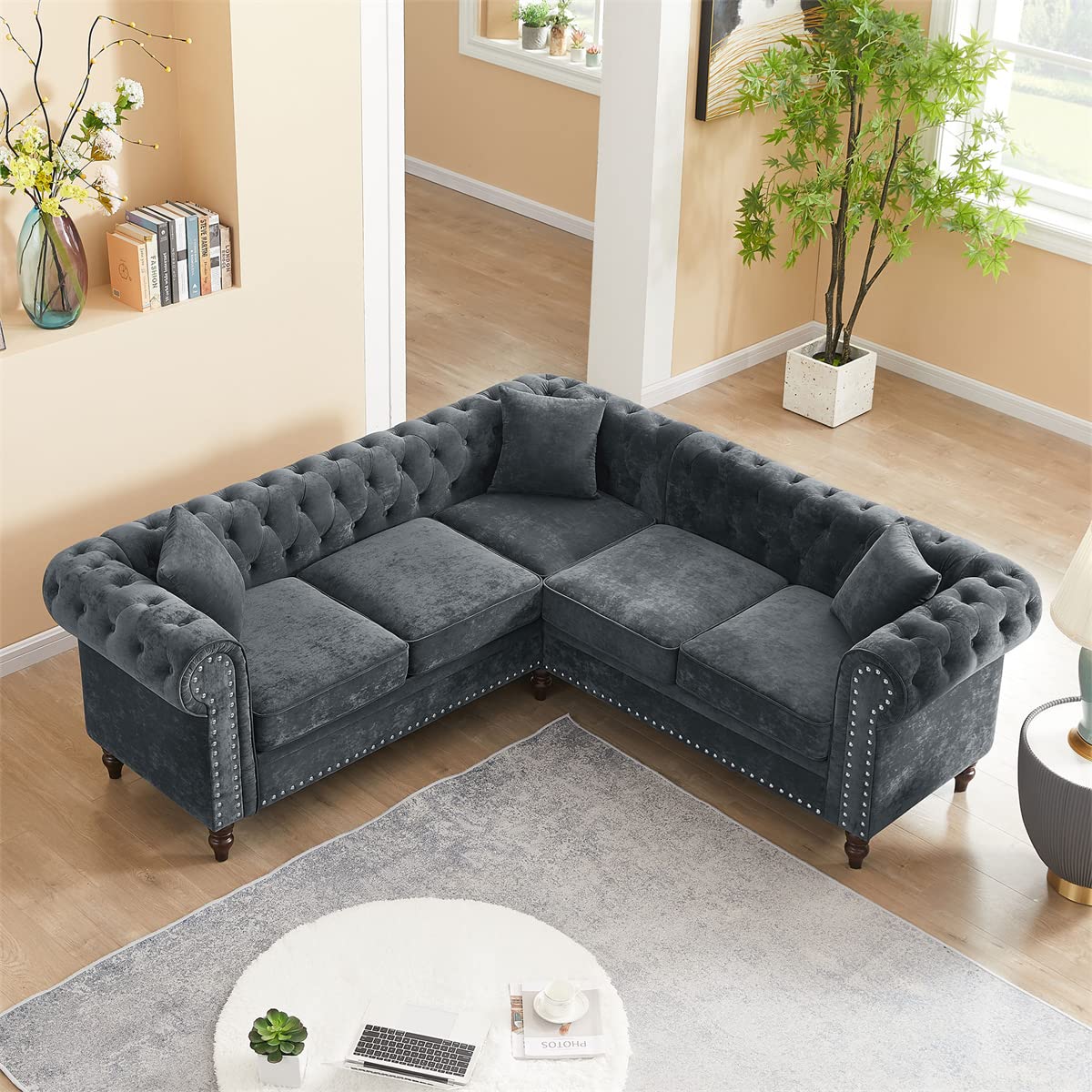 LKTART 80" Luxury Classic Chesterfield L-Shaped Sofa Button Tufted Roll Arm Solid Wood Legs 3 Pillows Included for Living Room