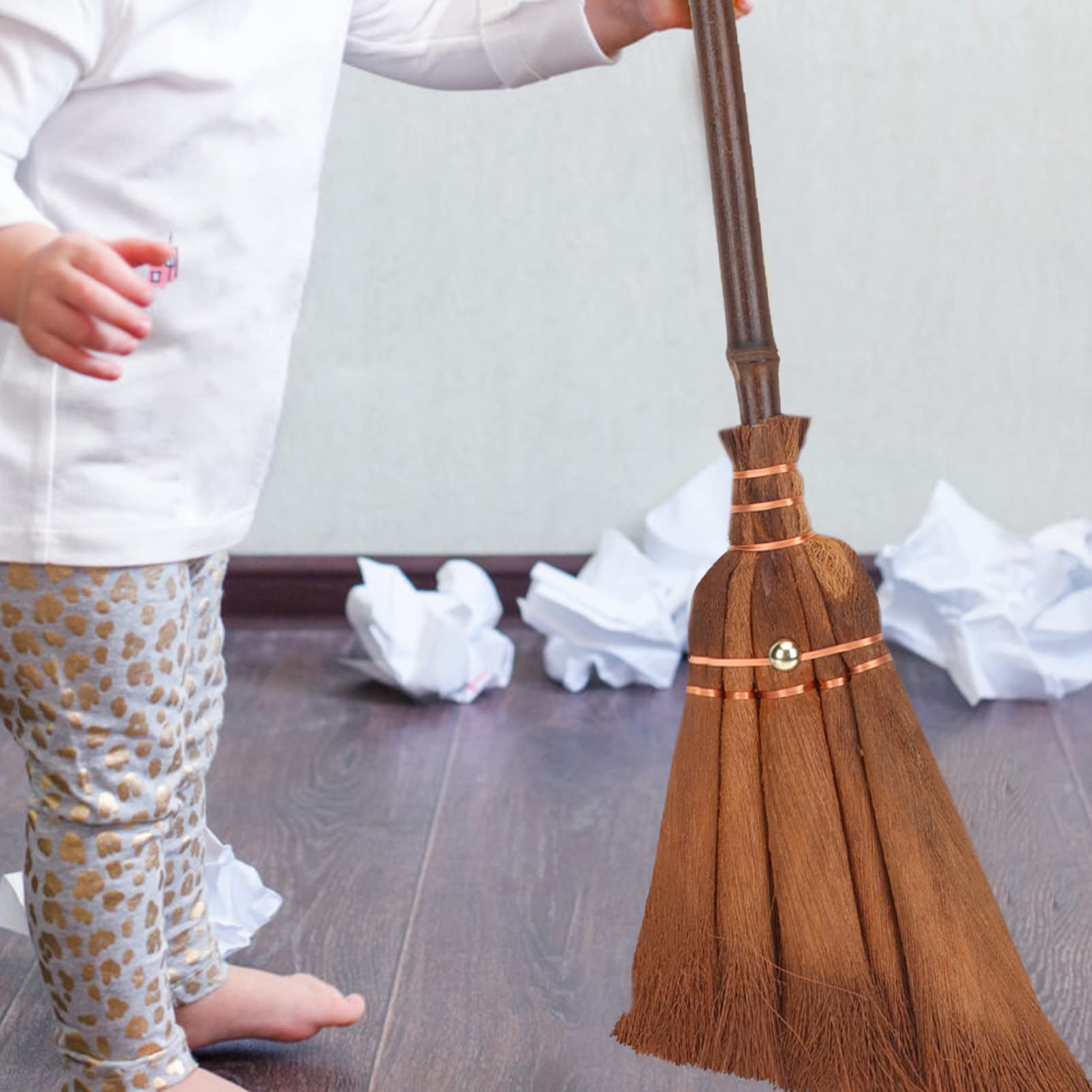 Angoily Palm Broom Small Natural Whisk Broom with Wood Handle Retro Vietnamese Sweeping Broom for Courtyard Garage Lobby Mall Market Sidewalks Decks