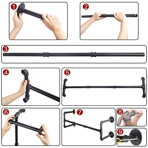 WEBI Clothing Rack Wall Mount,24'' Industrial Pipe Clothes Rack for Hanging Clothes,Heavy Duty Iron Garment Rack Bar,Retail Display Clothes Rod for Closet,Laundry Room,Black