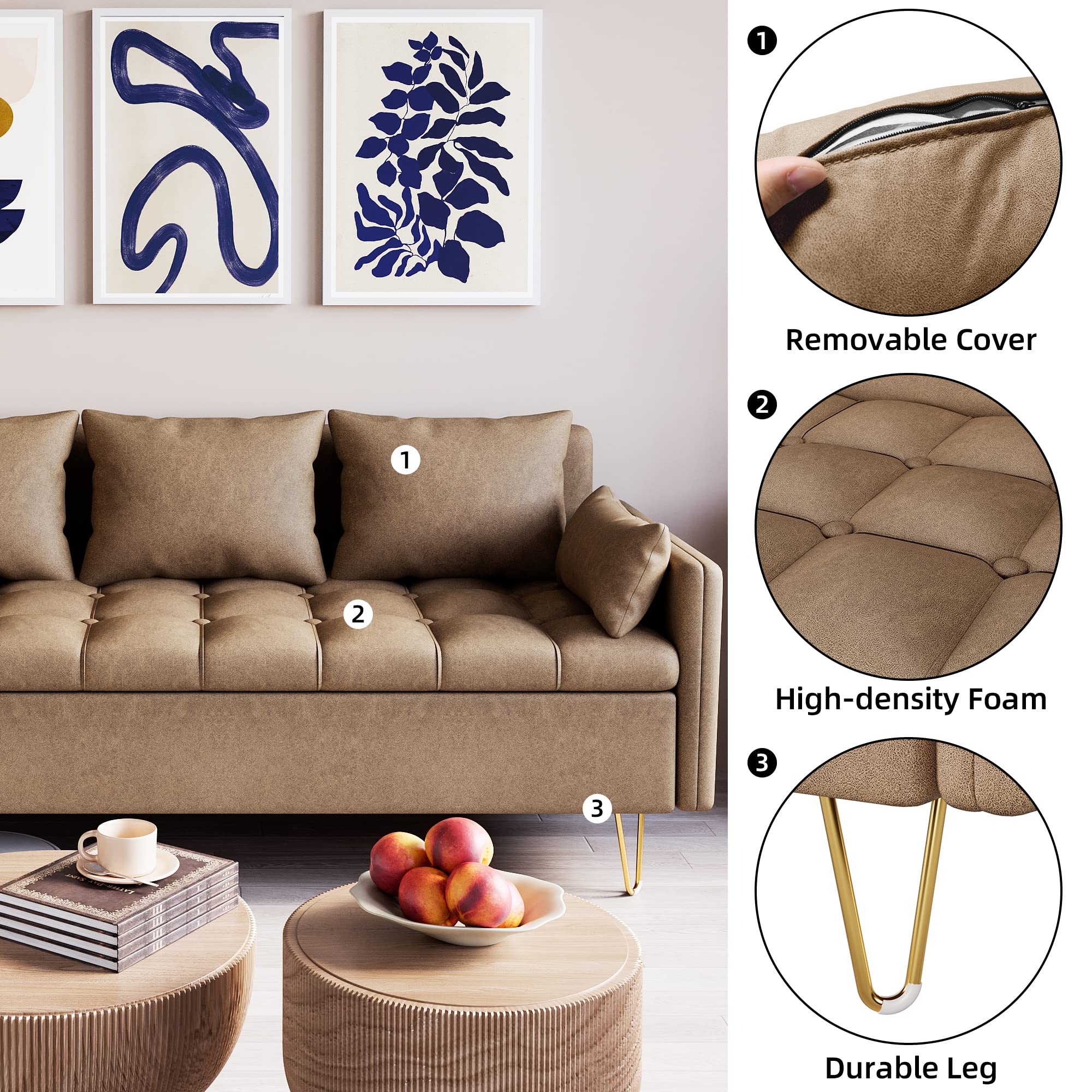 Senfot Sofa Couch Faux Leather 3-Seater Sofas with Hand Stitched Comfortable Cushion, Modern Design with Gold Metal Legs and Lift-Up Storage for Living Room in Light Brown
