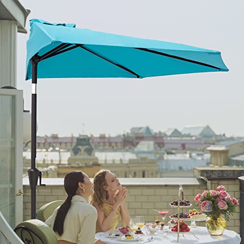 C-Hopetree 9 ft Half Round Outdoor Patio Market Wall Umbrella with Tilt, Aqua Blue