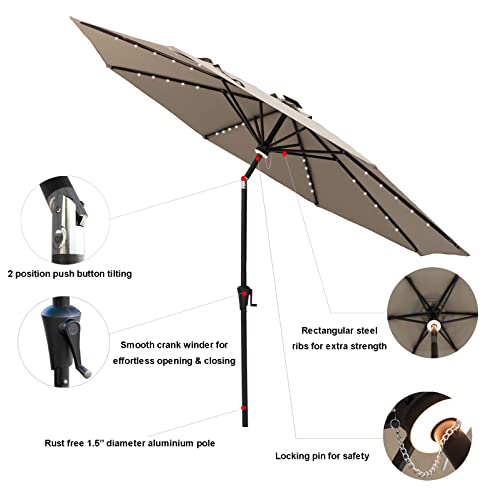 C-Hopetree 9 ft Outdoor Patio Market Table Umbrella with Solar LED Lights and Tilt, Taupe