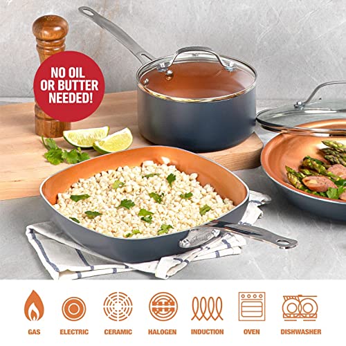 Gotham Steel Non Stick Frying Pan, 11” Square Ceramic Frying Pan Nonstick, Long Lasting Nonstick Cooking Pan, Induction Frying Pan, Egg Pan, Stay Cool Handle, Dishwasher & Oven Safe, 100% Toxin Free