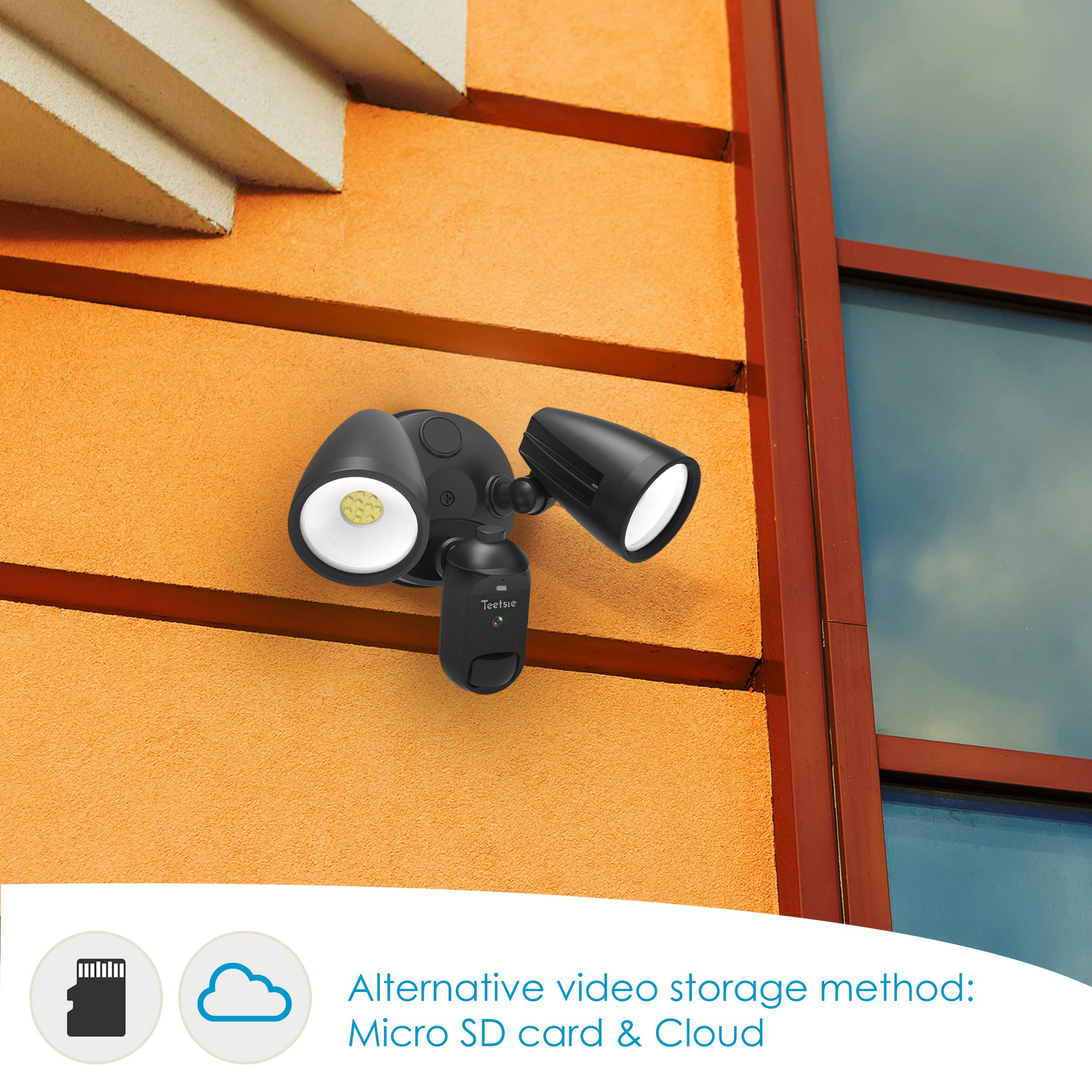 Teetsie Floodlight Camera Hardwired Motion Sensor Outdoor Light with 1080P WiFi Home Security Cam Alexa IP65 Waterproof 2500 lm Night Vision App for Phone 2-Way Audio Siren Alarm MicroSD/Cloud Storage