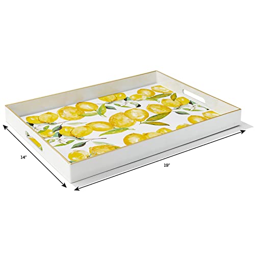 American Atelier Set of 2 Lemons Branches Rectangular Serving Tray with Handles- Indoor & Outdoor Platter for Home Entertaining, Cocktail Hour, Snacks, Barware, Perfume (Large 19x14, Small 18x12)
