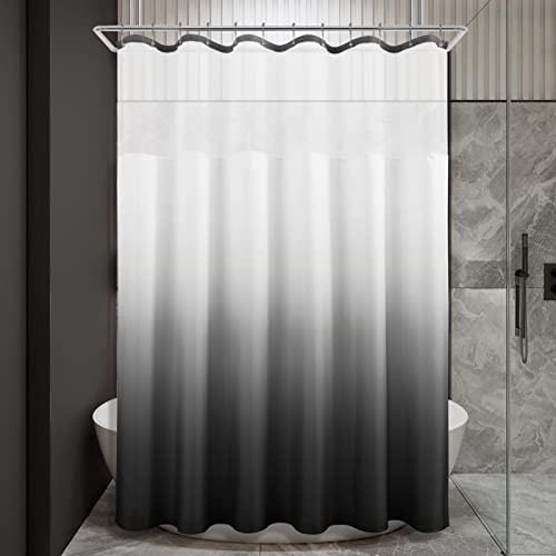 Black Shower Curtain Set with Snap-in Fabric Liner, Ombre Linen Textured Shower Curtain with 12 Hooks - Hotel Style, Water Repellent & Washable, Heavyweight Fabric & Mesh Top Window - 72x72, Black