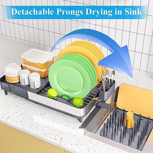 Dish Drying Rack - Expandable Dish Racks - Large Stainless Steel Dish Drainer for Kitchen Counter with Utensil Holder and Cup Holder, Grey