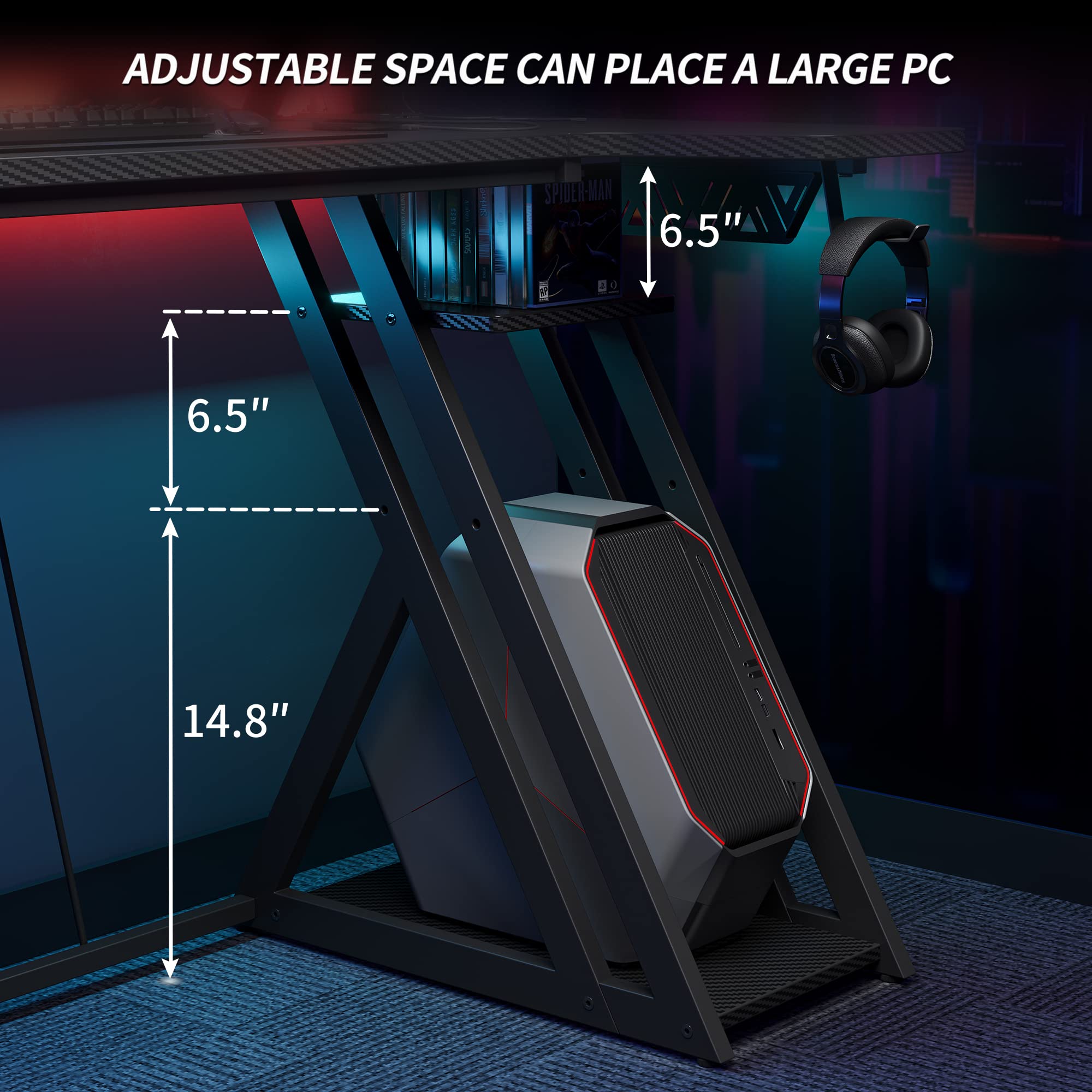 CubiCubi Carrier Gaming Desk 47 inch Gamer Workstation, Home Computer Carbon Fiber Surface Gaming Desk PC Table with Monitor Stand