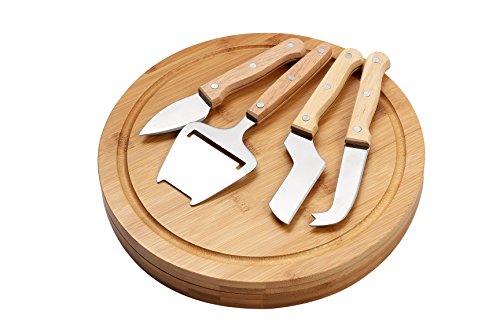 Juvale Cheese Board Set - Charcuterie Board and Cheese Tools, Cheese and Meat Board, Includes 1 Bamboo Cutting Board and 4 Piece Knife Tools, 10.2" x 10.2" x 1.5"