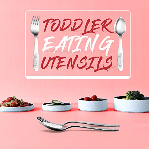 FUNNUO 4 Pack Toddler Utensils, 18/8 Stainless Steel Toddler Forks and Spoons, Safe Kid Silverware Set for Self Feeding, Children Flatware Sets with Mirror Polished,Dishwasher Safe