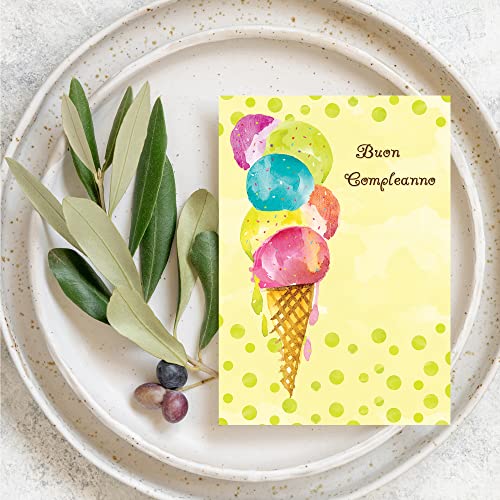 Designer Greetings Italian Language Happy Birthday Cards, Fun Colorful Ice Cream Design (Pack of 6 Cards with Green Envelopes / 6 biglietti di auguri e buste)