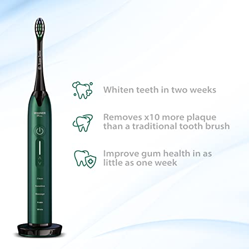 Wagner Stern Ultrasonic whitening Toothbrush with Pressure Sensor. 5 Brushing Modes and 4 Levels of Intensity, 8 Soft bristles, Travel case.
