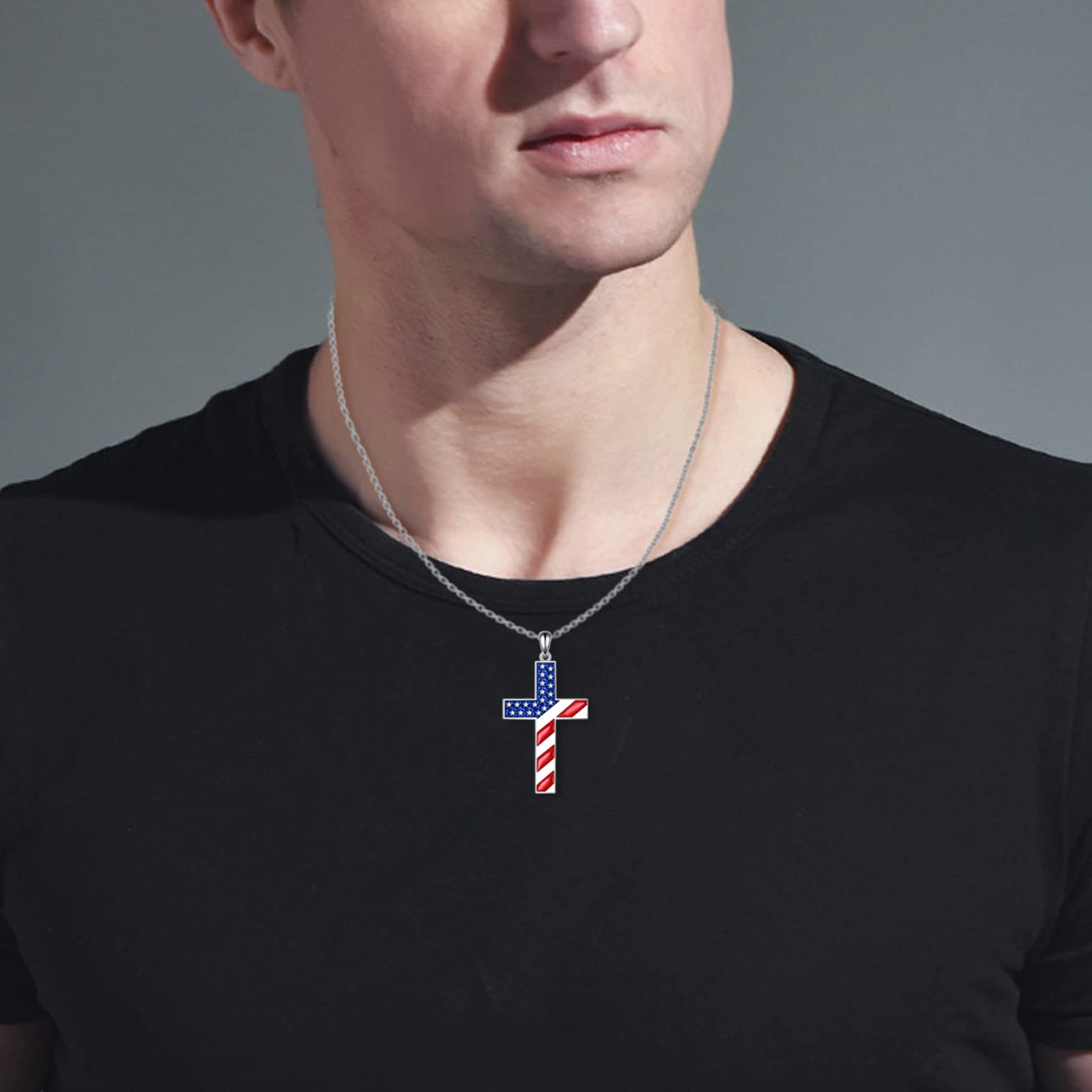 American Flag Cross Necklaces US Flag 925 Sterling Silver Patriotic Necklace Unisex