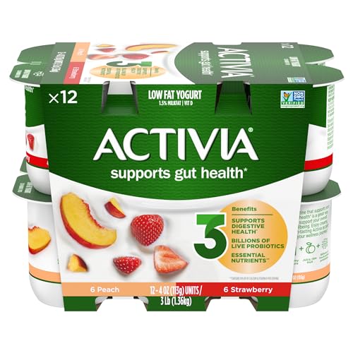 ACTIVIA Probiotic Lowfat Yogurt, Variety Pack, Peach & Strawberry, Non-GMO Project Verified, 4 Oz, Pack of 12