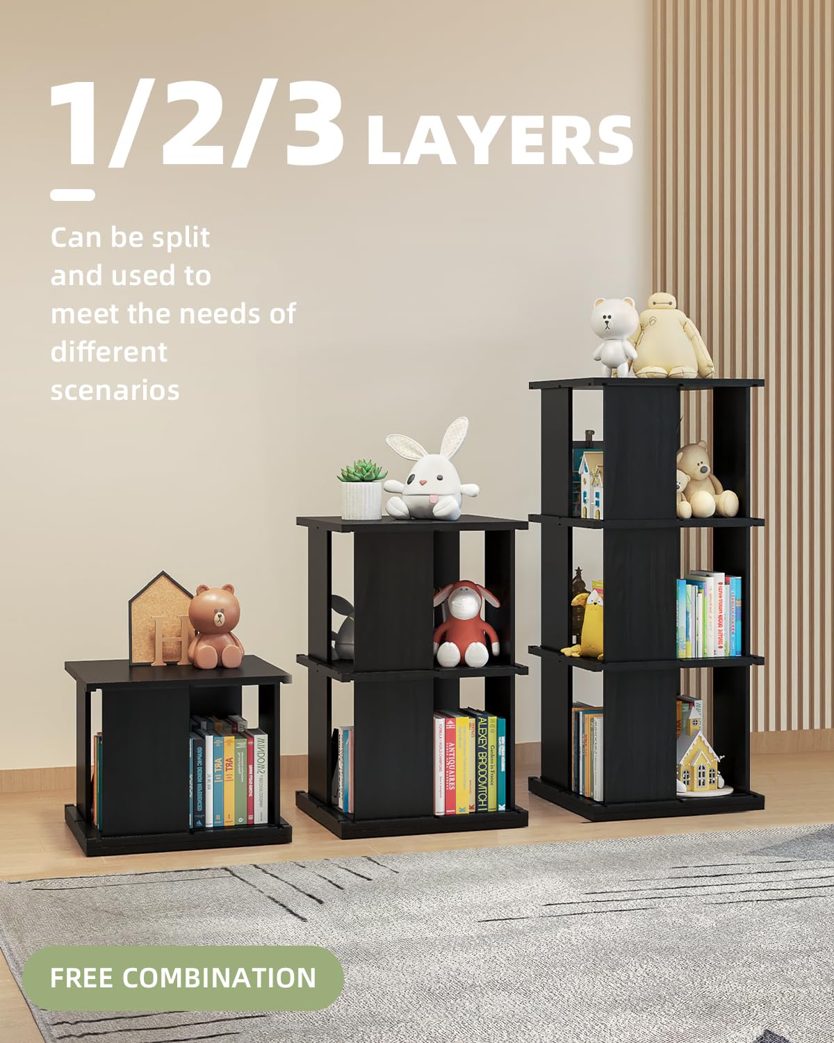 ATRURAL Rotating Bookshelf, 4-Shelf 360° Solid Wood Book Shelf Tower, Stackable Revolving Bookcase Organizer for Living Room, Bedroom, Study(White 4 Tier)