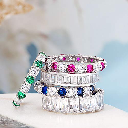 AAA Cubic Zirconia Pink Channel Set Rectangle Emerald Cut Baguette CZ Eternity Ring Anniversary Wedding Band For Women .925 Sterling Silver 4MM Stackable Rings