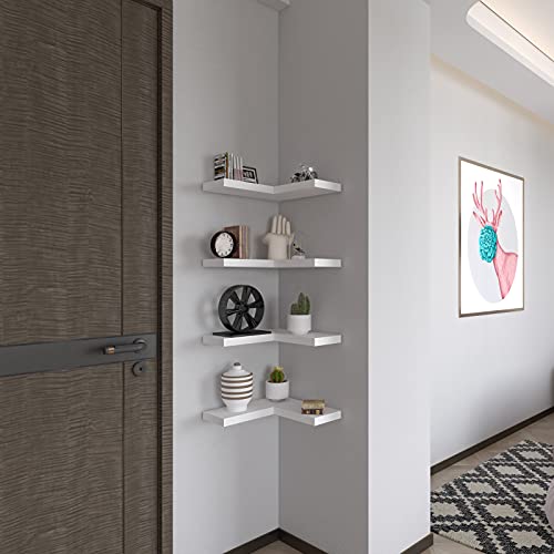 WELLAND Floating Corner Shelf Set of 2, White Wall Mounted Display Shelf with Concealed Hardware for Bedroom, Kids Room, Living Room, Bathroom and Kitchen