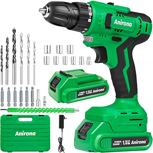 Anirona 20V Cordless Drill Set, 350 In-lb Power Drill Kit with Battery and Charger, 3/8″Keyless Chuck, 2 Variable Speed, 23+1 Position, 30pcs Bits Accessories with Storage Case