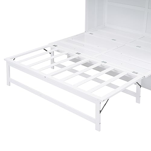 BIADNBZ Queen Size Murphy Cabinet Bed Frame with Built-in Charging Station and a Shelf/Desk, Wooden Foldable Platform BedFrame for Bedroom/Guest Room Dorm, White