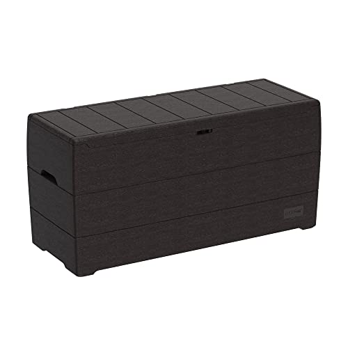 DuraMax 71 Gallon Outdoor Furniture Organizer Storage Box Bench with Wheels and Side Handling Grip for Patio, Deck, and Garden, Brown