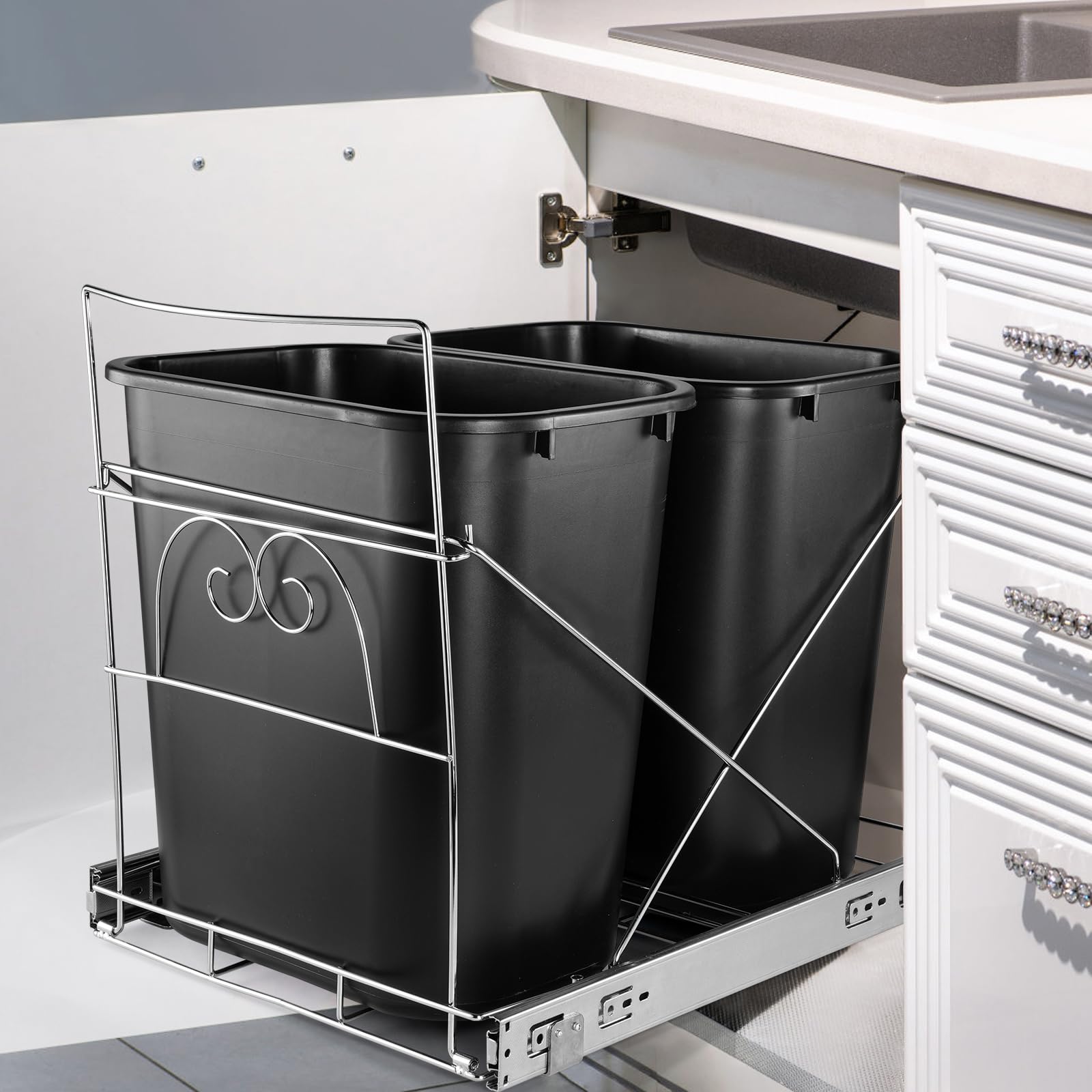 Pektiftn Double Pull Out Trash Can Under Cabinet, Under Sink Trash Can Pull Out Shelf Kit,Dual Compartment Slide Out Rack Rail for Kitchen Recycle Bins (Not Included Trash Can,Stainless Steel)