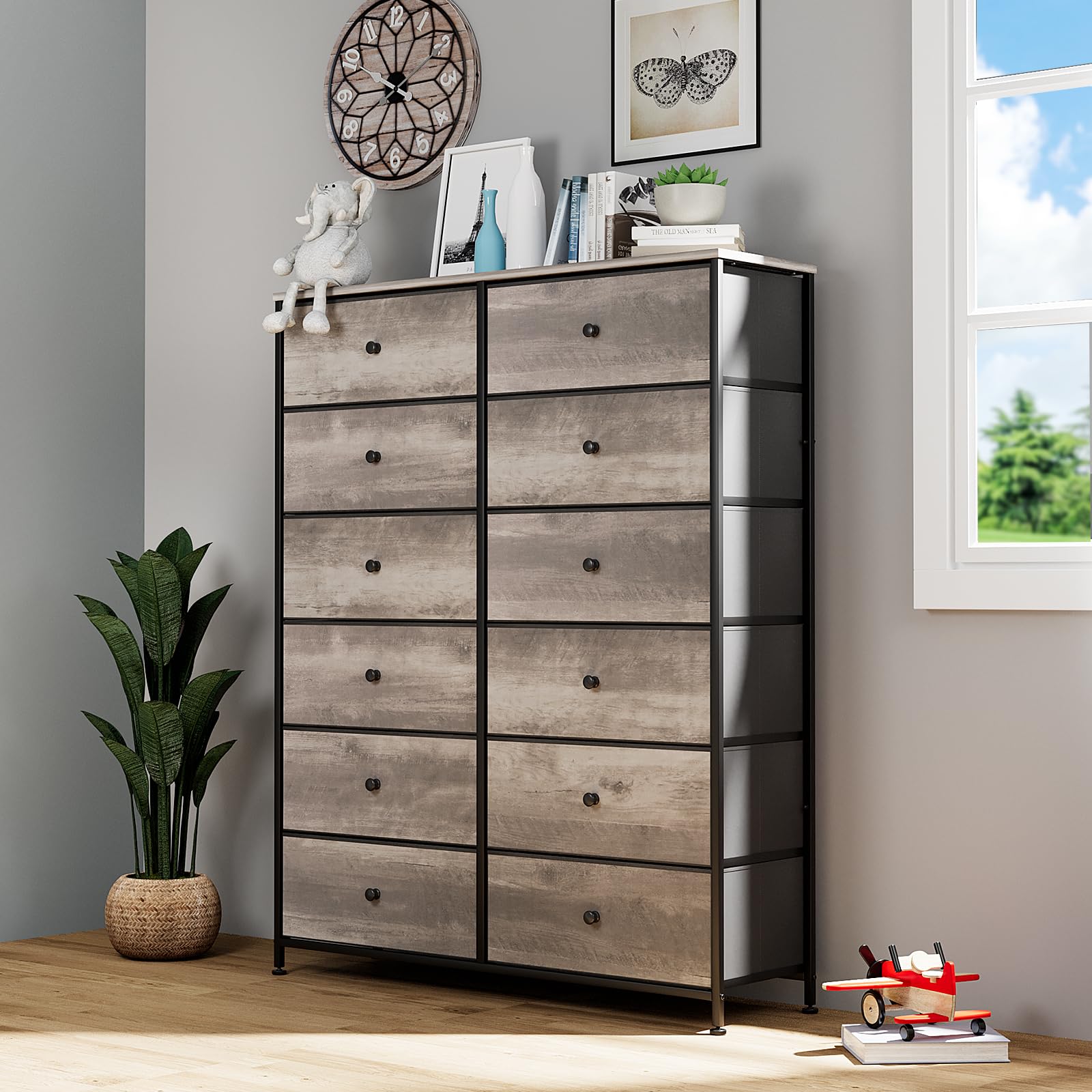 Arlopu 12-Drawer Dresser, 35.2ββ Widened 6-Layer Fabric Storage Tower w/Textured Print Fabric Bins, Tall Chest Organizer Unit for Living Room, Hallway, Nursery, Closets, Adjustable Feetpad