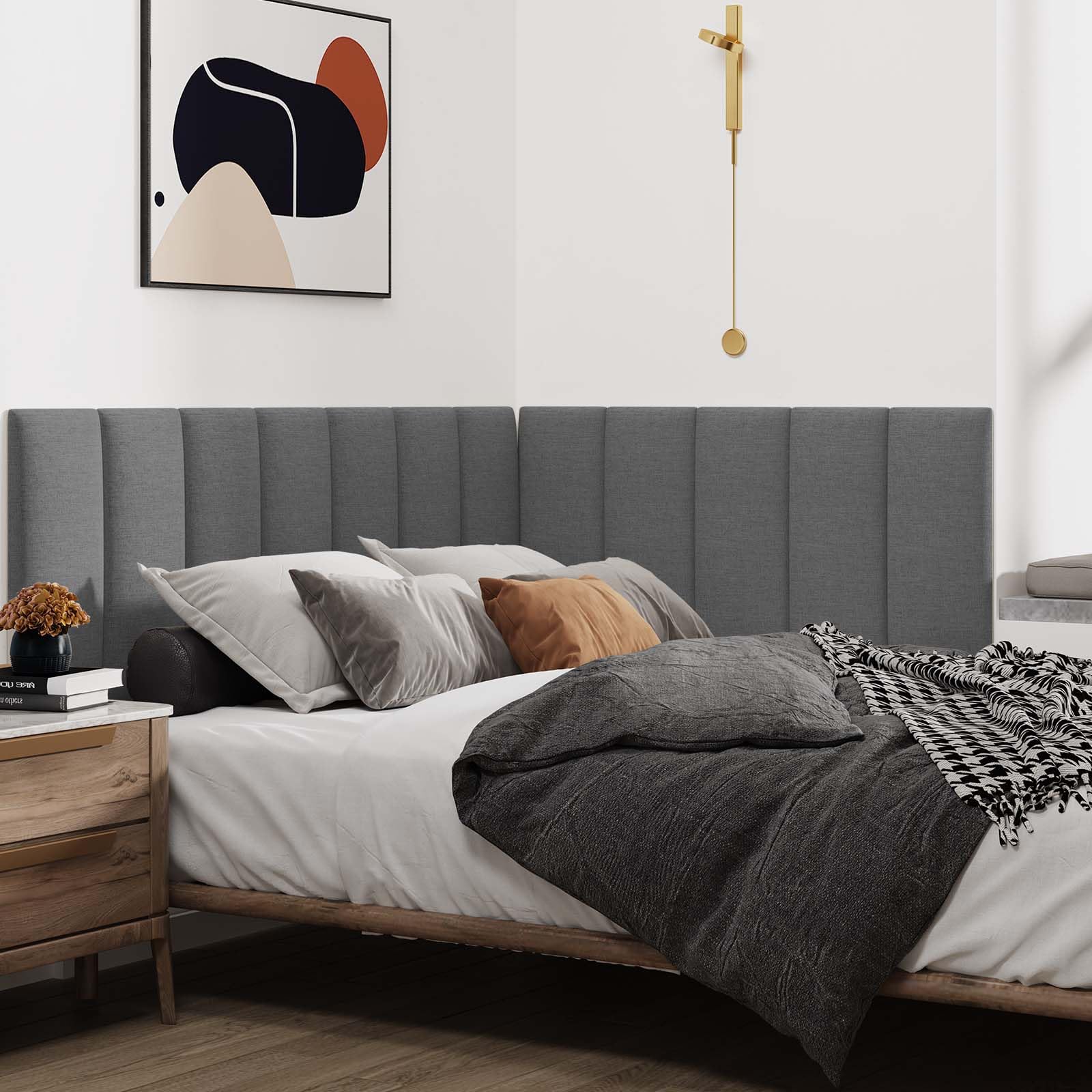 IFNOW Upholstered Wall Mounted Headboard, 3D Soundproof Wall Panels Peel and Stick Headboard for Queen Size, Reusable and Removable Tufted Bed Headboard in Dark Grey(9 Panels, 10" x 24")