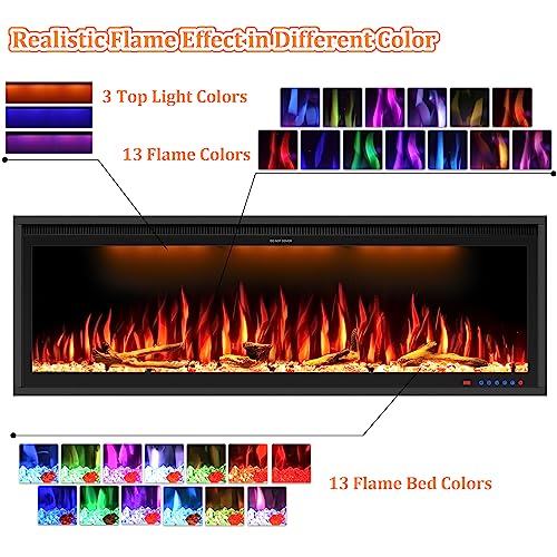 Benrocks 74'' Slim Electric Fireplace Inserts - WiFi-Enabled, Alexa & App Control, Recessed & Wall Mounted, 13 * 13 * 3 Flame Color Combinations, 750W/1500W, Black