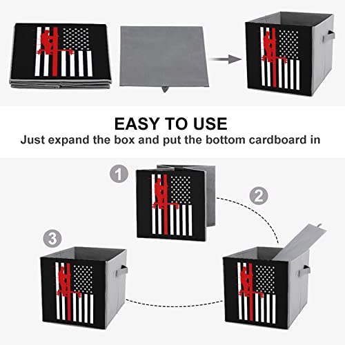 American Flag Electric Cable Lineman PU Leather Collapsible Storage Bins Canvas Cube Organizer Basket with Handles