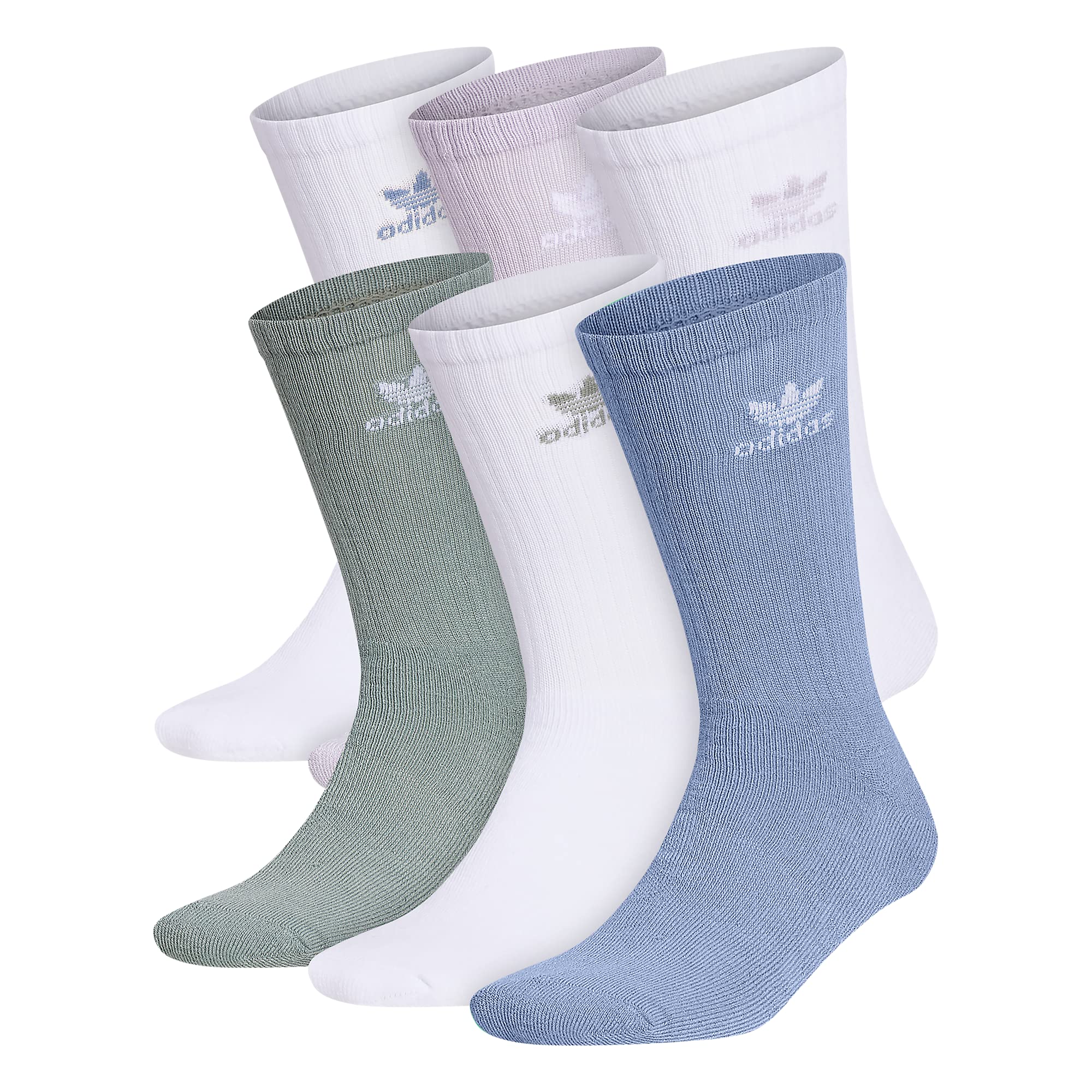 adidas Originals Trefoil (6-Pair) Crew Sock, Blue Dawn/Silver Dawn Grey/Silver Green, Large