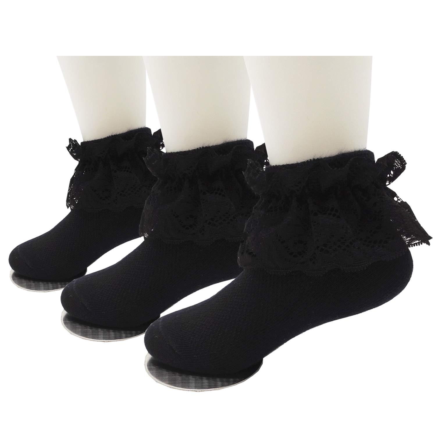 Xiyadun Toddler & Girls Eyelet Frilly Dress Socks Ruffle Lace Cotton Socks(Black-3 pairs, 8-11 Years)