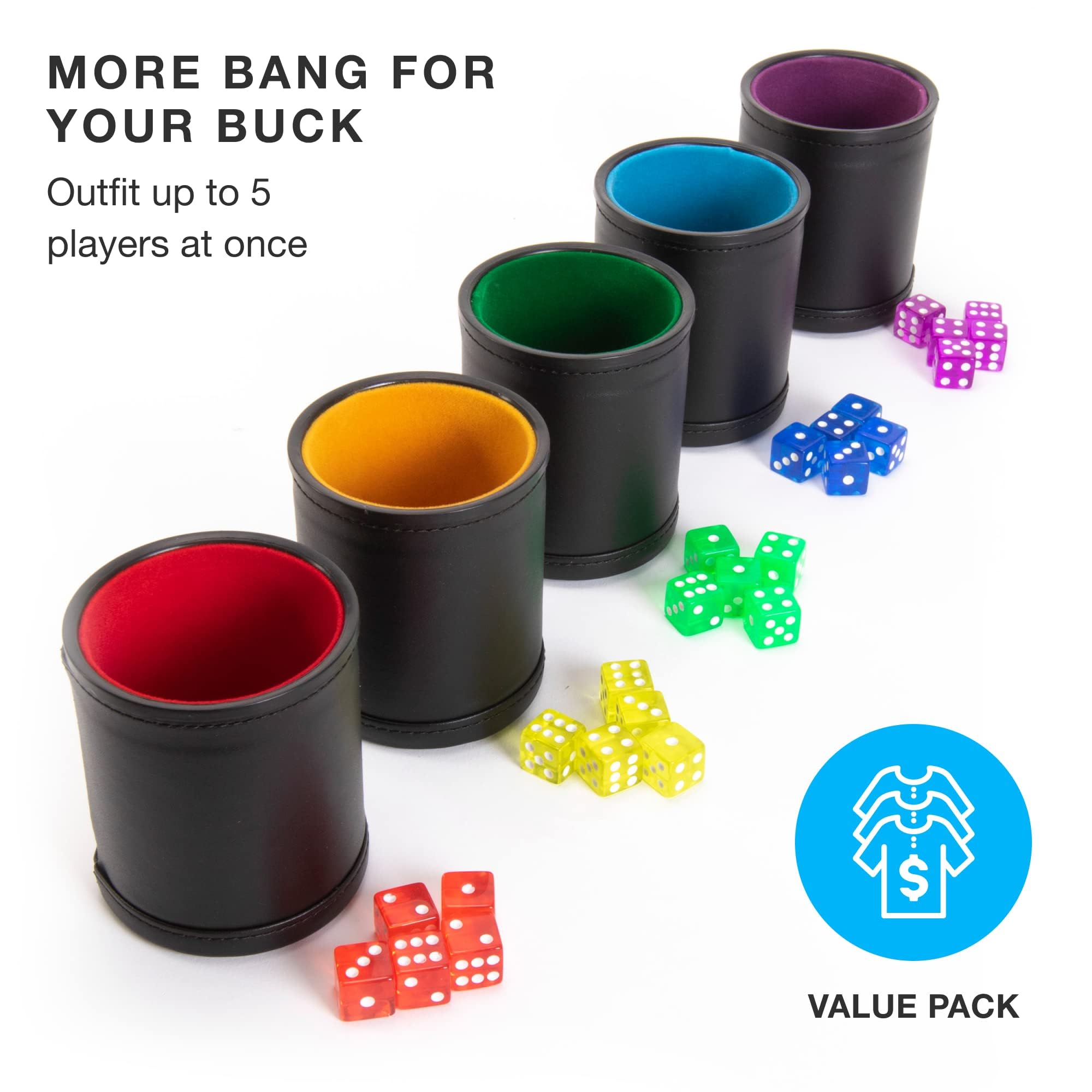Brybelly Dice Set with Dice Shaker Cup - Perfect for Casino Dice Game - Dice Games for Family - Quality Leather Dice Cup - Poker Dice Shaker - Multicolor Dice Cups and 25 Multicolor Dice Sets
