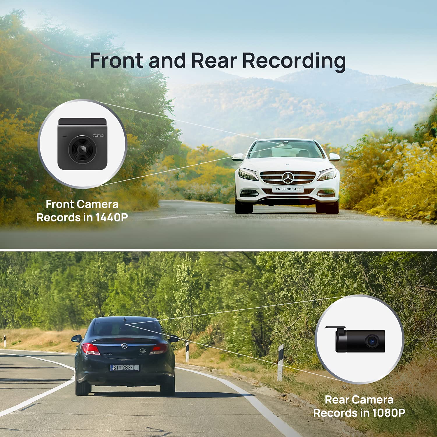 70mai Dash Cam A400, Gray, Front and Rear 2K QHD, 2" LCD, Built in WiFi, Parking Monitor, 145° Wide-Angle FOV, WDR Night Vision, iOS/Android Mobile App