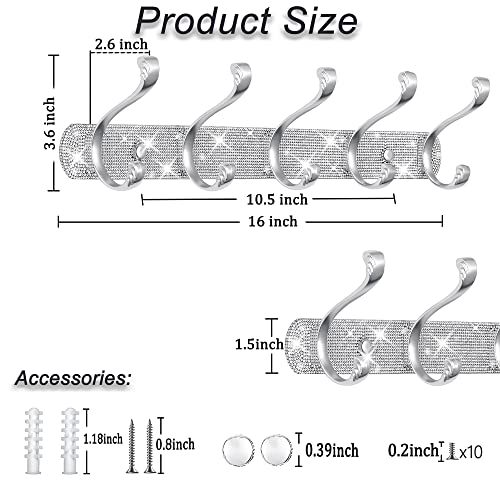 BlackFish Coat Rack Wall Mount,Shiny Silver Rhinestones Wall Mounted Coat Rack 5 Hooks,Key Hooks Decorative for Wall,Double Coat Hook Wall Hook Rack Suitable for Coat Hat Towel Purse Robes(1 Pcs