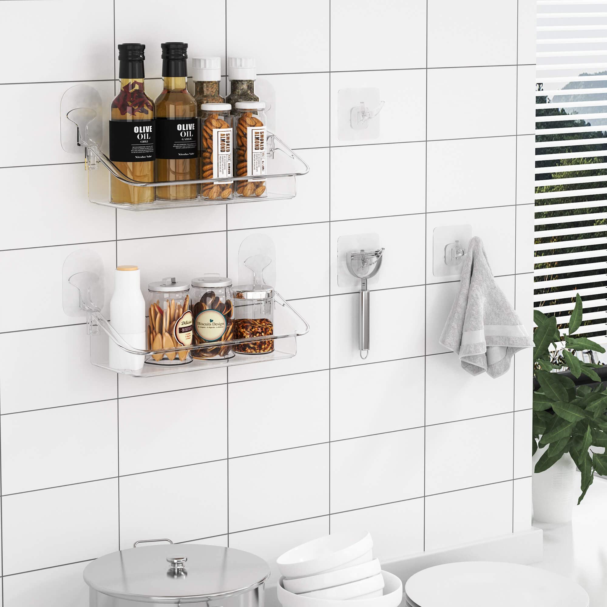 UDD Clear Shower Caddy with Razor Holder Hook, Wall Floating Shelves Shower Organizer Storage Adhesive Shower Rack for Bathroom (2 Pack, Small)
