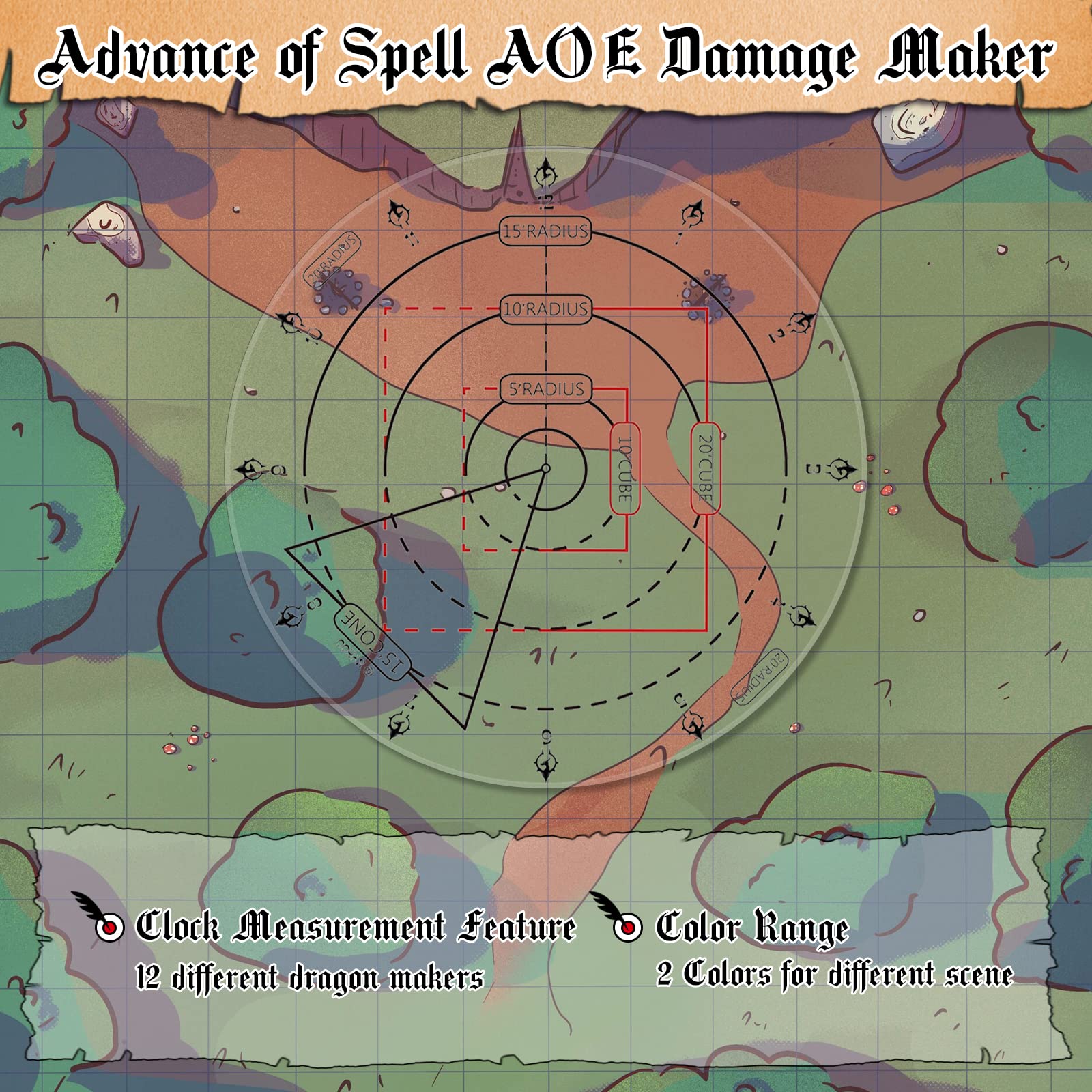Byhoo Spell AOE Damage Marker DND Area Effect Template - 1" Grid or Hex Tabletop Game Mat RPG Gaming Accessories for Dungeons and Dragons 5E Pathfinder and Other TTRPGs