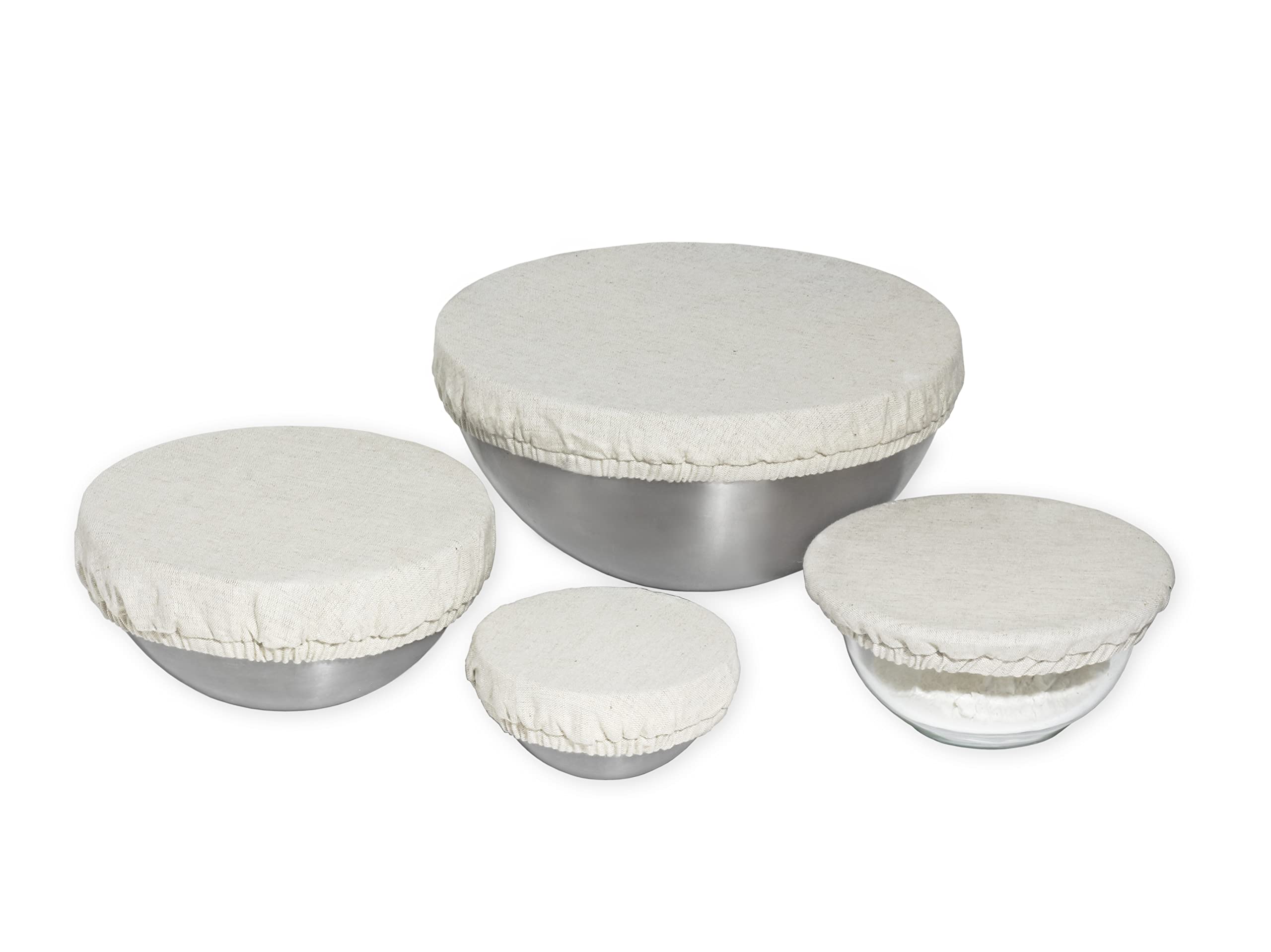 Reusable Fabric Bowl Covers for Bread Proofing - 4 Pieces, Washable and All-Natural 100% Cotton Cloth Bowl Covers for Bread Rising - Elastic Closure Fits Multiple Bowl Sizes (Off-White)
