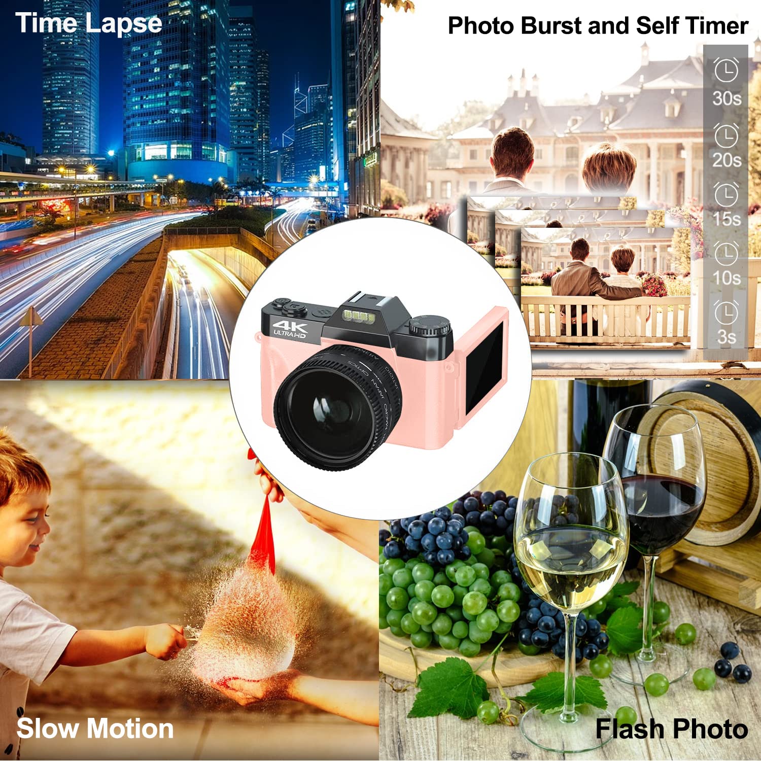 Acuvar 4K 48MP Digital Camera for Photography, Vlogging Camera for YouTube with 3.0’’ 180° Flip Screen, WiFi, 16X Digital Zoom, Wide Angle & Macro Lens, Rechargeable Battery, 64GB Micro SD Card Pink