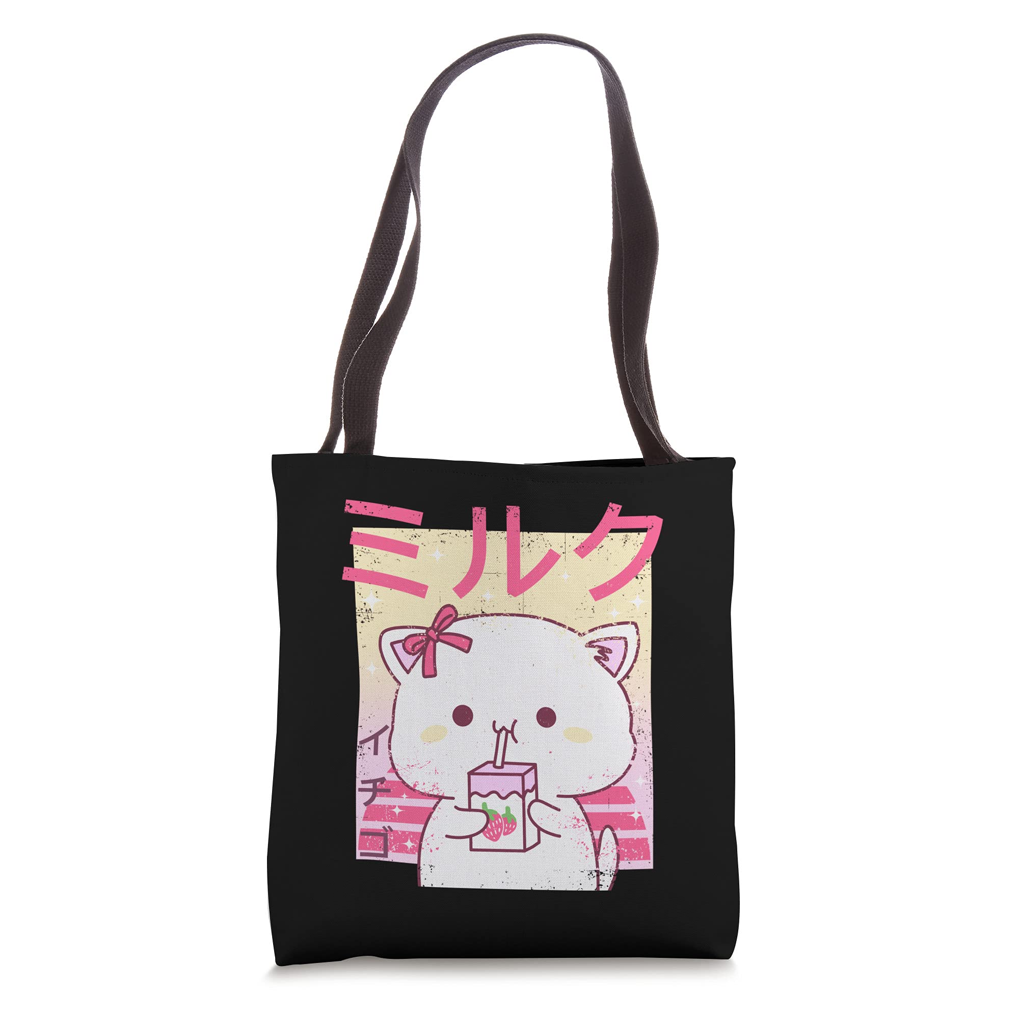 Cute Kawaii Anime Cat Drinking Strawberry Milk Japanese Tote Bag