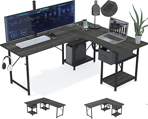 DLIUZ L Shaped Desk with Drawers,Computer Desk is Reversible Corner Large Gaming pc Table with USB Charging Port and Power Outlet,Long Writing Study Table with Shelve