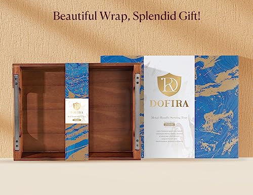Dofira Acacia Wood Serving Tray with Metal Handles, 17x13in Food Drinks Tray for Coffee Table, Breakfast, Dinner & Bar, Rustic Decorative Storage Tray for Ottoman, Kitchen, Bedroom (Gift Packaging)