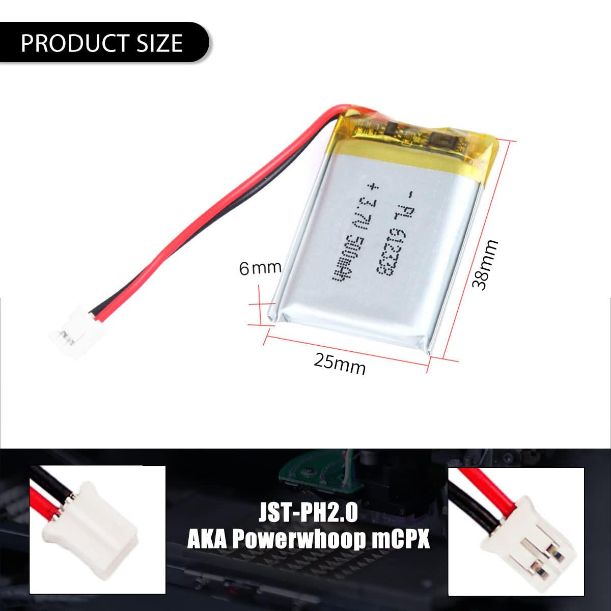 YDL 3.7V 500mAh 612338 Lipo battery Rechargeable Lithium Polymer ion Battery Pack with PH2.0mm JST Connector