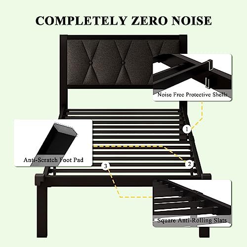 iPormis Twin Metal Platform Bed Frame with Upholstered Headboard, Upgraded Heavy Duty Bed Frame with Steel Slats Support/12 Under Bed Storage, Noise Free, No Box Spring Needed, Dark Gray